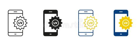 Uv Index Level Mobile App Line And Silhouette Icon Set Ultraviolet Radiation Smartphone