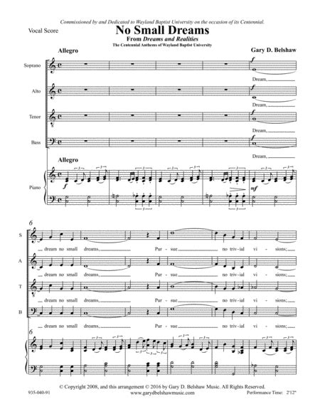 No Small Dreams In C Sheet Music Gary D Belshaw Ascap Satb Choir