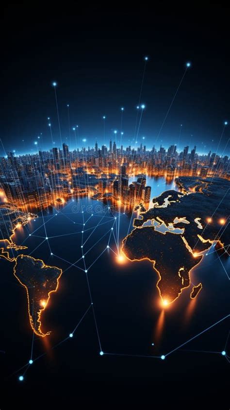 A Radiant Digital Earth With Interconnected Dots Lines And Rays Stock