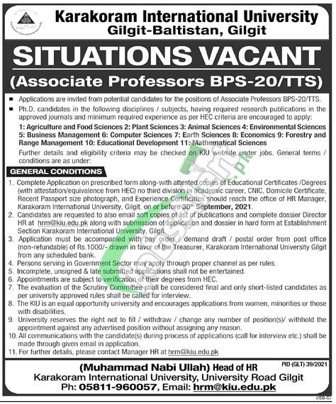 Kiu Jobs September 2021 Karakoram International University Gilgit Baltistan