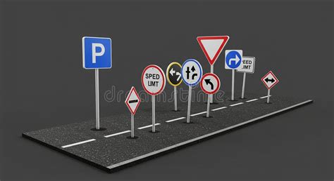 A Model Display Of A Road Segment Features Various Traffic Signs On A Dark Stock Illustration