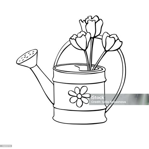 벡터 윤곽은 손으로 그린 낙서 스타일에 봄 튤립 꽃화병으로 물을 수 있습니다 고립 귀여운 계절 봄 원예 꽃 일러스트 클립 아트 꽃병에 대한 스톡 벡터 아트 및 기타 이미지