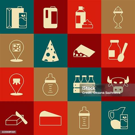 우유 주전자 또는 투수 및 유리 암소 머리 병에 담긴 요구르트 휘핑 크림 치즈 우유 및 아이콘용 종이 패키지를 설정합니다 벡터 갤런에 대한 스톡 벡터 아트 및 기타 이미지