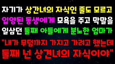 반전 사연 자기가 상견녀의 자식인줄도 모르고 입양된 동생에게 모욕을주고 막말을 일삼던 둘째아들에게 분노한 엄마가 내가 무덤까지 가지고가려고 했는데 둘째 넌 상간녀의