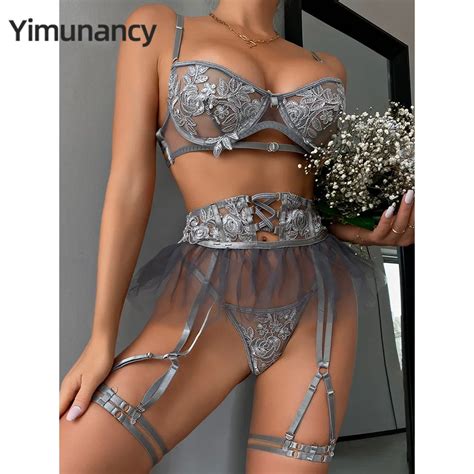 Yimunancy 3 Piece Embroidery Lingere Set Women Elegant Luxury Bown Gown