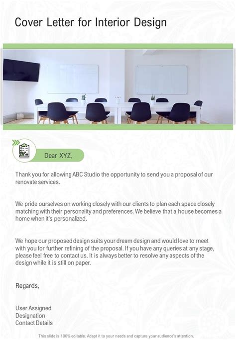 Cover Letter For Interior Design One Pager Sample Example Document Presentation Graphics