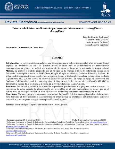 Pdf Dolor Al Administrar Medicamento Por Inyección Intramuscular Ventroglútea Vs Dorsoglútea