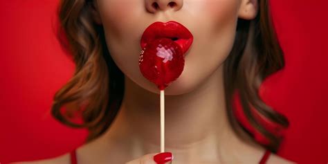 Woman With Red Lipstick Sensually Enjoying A Shiny Red Lollipop Concept