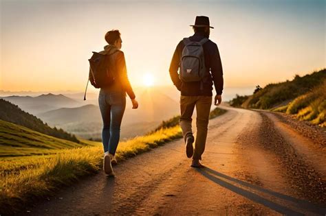 Un Hombre Y Una Mujer Caminan Por Un Camino De Tierra Al Atardecer