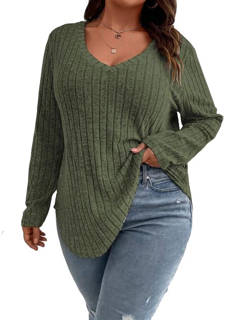 Casual Plain V Neck Long Sleeve Army Green Plus Size T Shirts Womens