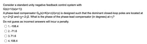 Solved Consider A Standard Unity Negative Feedback Control Chegg