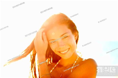 Beautiful Happy Asian Chinese Woman In Bikini Touching Her Healthy Soft