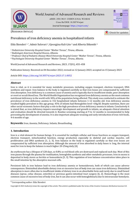 Pdf Prevalence Of Iron Deficiency Anemia In Hospitalized Infants