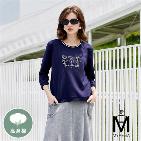 Myvega麥雪爾 Ma高含棉立體玫瑰七分袖休閒上衣 深藍 短袖 Yahoo奇摩購物中心