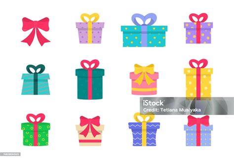 리본이 달린 컬러 선물 상자 세트 화려하게 포장 선물 상자는 모양과 크기가 다릅니다 생일 크리스마스 컬렉션입니다 판매 쇼핑 개념 벡터 그림 생일 선물에 대한 스톡 벡터 아트