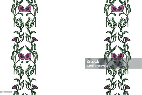 식물 꽃 수직 테두리는 흰색 배경에 고립되어 있습니다 손으로 그린 메꽃 식물 보라색 꽃 줄기 녹색 잎 벡터 일러스트 레이 션 생일 웨딩 카드를위한 그래픽 디자인 요소 0명에