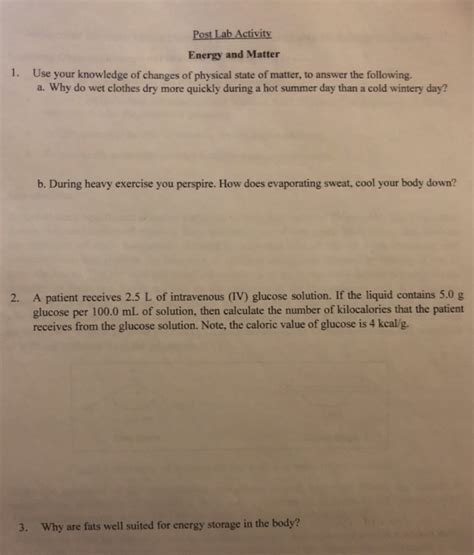 Solved Post Lab Activity Energy And Matter 1 Use Your