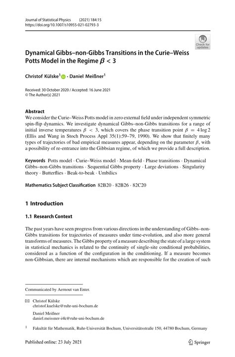 Pdf Dynamical Gibbsnon Gibbs Transitions In The Curieweiss Potts Model In The Regime Beta