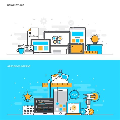 Premium Vector Flat Line Color Concept Design Studio And Apps Development Color