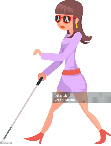 걷는 맹인 비활성화 여자 스틱 자신감 걸음 걸이 여성 캐릭터 도보 만화 평면 디자인 디자인 벡터 일러스트 레이 션 실명에 대한 스톡 벡터 아트 및 기타 이미지 Istock