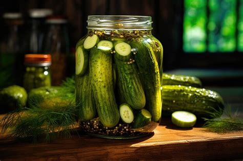 Premium Ai Image Pickled Cucumbers In A Jar On Widen Table