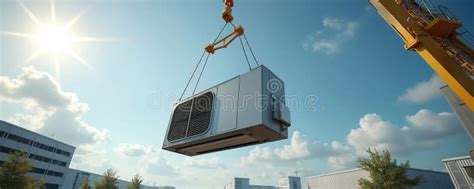 Large Air Conditioning Unit Lifted By Crane Industrial Setting Bright