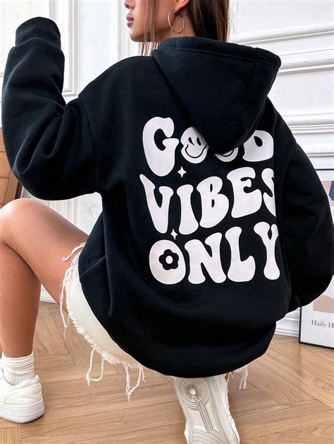 Flirla Gráfico De Slogan Ombro Caído Cordão Capuz Oversized Tee