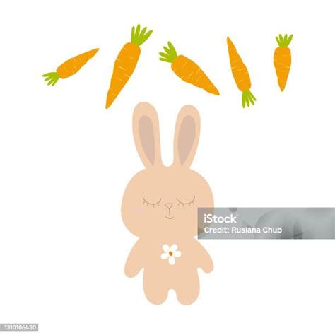당근 진미를 꿈꾸는 파스텔 색상의 귀여운 졸린 토끼 부활절 토끼와 당근은 흰색 배경에 고립 벡터 그래픽 0명에 대한 스톡 벡터