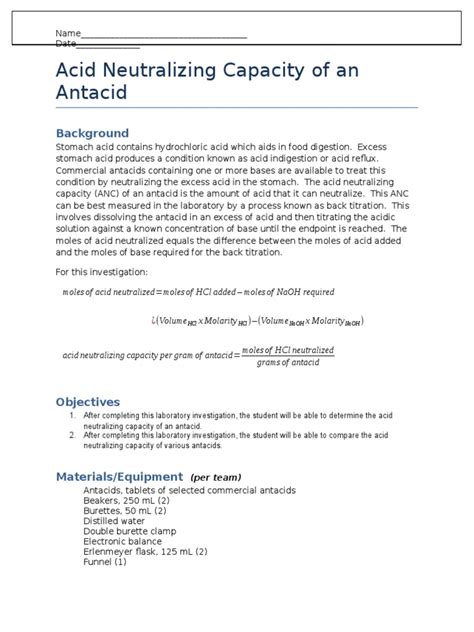 Acid Neutralizing Capacity Of An Antacid Background Pdf Titration Chemistry