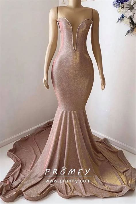 Illusion Plunge Nude Glitter Lurex Trumpet Prom Gown Promfy