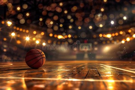Una Cancha De Baloncesto Con Una Bola En Movimiento Y Luces De Estadio