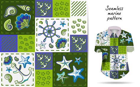 조개 불가사리 앵커와 바퀴 항해 해양 패치워크 완벽 한 패턴입니다 패치워크 배경 바다 생활 이랑 T셔츠에 사용 0명에 대한 스톡 벡터 아트 및 기타 이미지 Istock