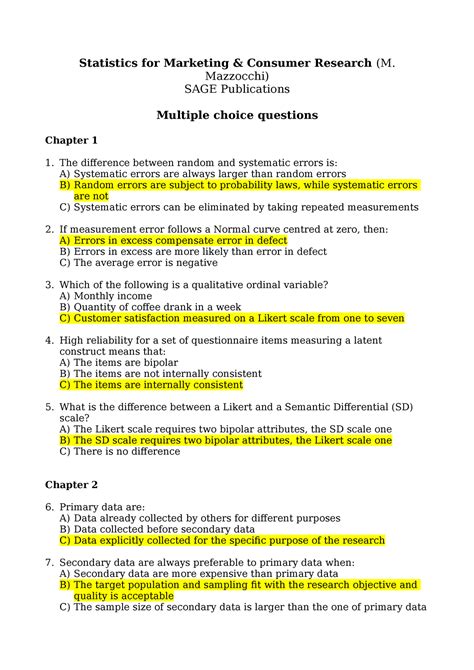 Multiple Choice Questions With Answers Statistics For Marketing