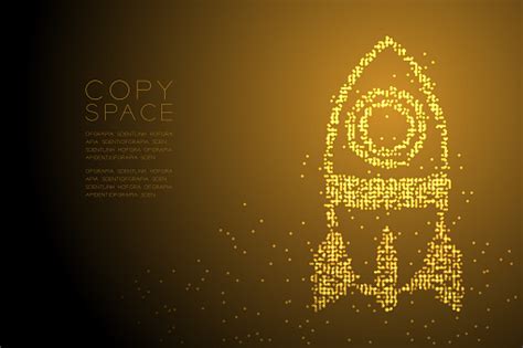 추상 기 원 도트 패턴 만화 로켓 우주선 모양 공간 탐사 개념 디자인 골드 컬러 그림 복사 공간 벡터 Eps 10 갈색 그라데이션 배경에 고립 로켓에 대한 스톡 벡터 아트