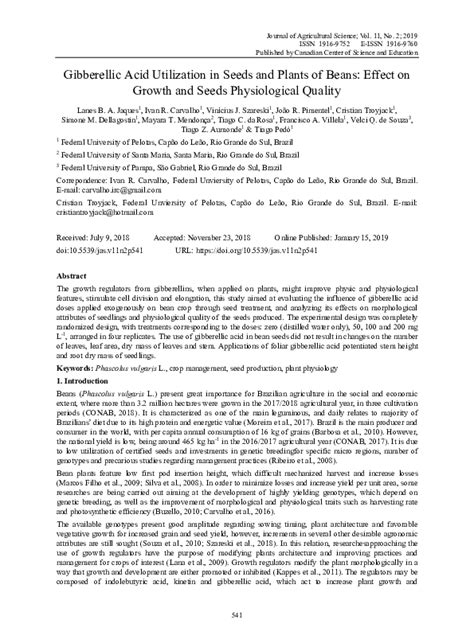 Pdf Gibberellic Acid Utilization In Seeds And Plants Of Beans Effect