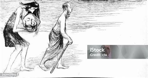 두 명의 비참한 인물이 사막에서 카이저 빌헬름 2세의 머리를 운반합니다 1890 1899 년에 대한 스톡 벡터 아트 및 기타