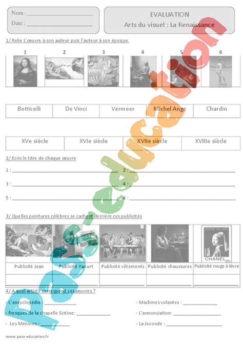 Evaluation Histoire Des Arts Cm Cycle Bilan Et Controle