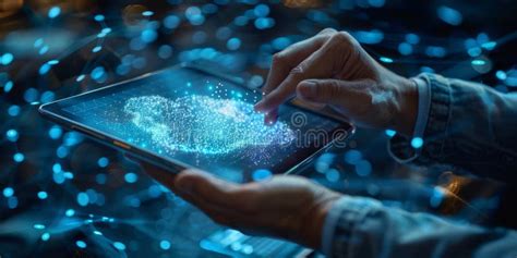 Hands Interacting With A Tablet Displaying A Glowing Holographic Network Symbolizing Technology