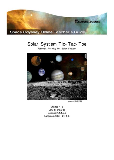 Solar System Tic Tac Toe Postvisit Activity For Solar System Sheet Grades 4 8 Printable Pdf
