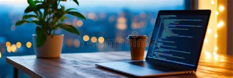 Modern Workstation With Laptop And Plant A Cozy Interior Workspace