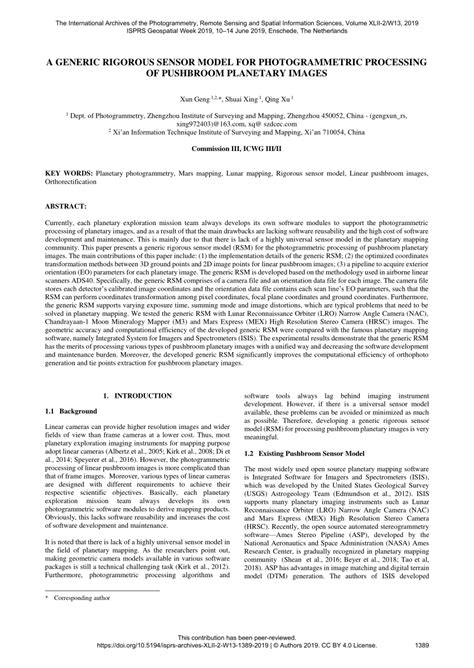 Pdf A Generic Rigorous Sensor Model For Photogrammetric Processing Of Pushbroom Planetary Images