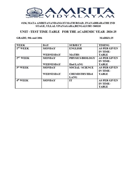 Class 9 And 10 Unit Test Time Table 2024 25 Pdf