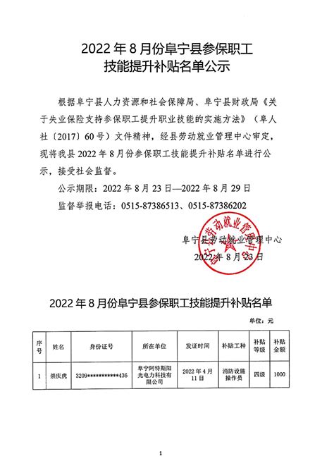 阜宁县人民政府 通知公告 2022年8月份阜宁县参保职工技能提升补贴名单公示