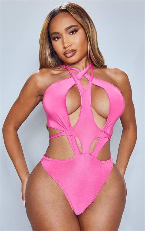 Shape Hot Pink Slinky Wrap Neck Cut Out Bodysuit Prettylittlething