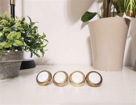 Vintage Antique Brass Drawer Knobs Milk White Porcelain Set Of 4 Mid Century Home Kitchen Decor