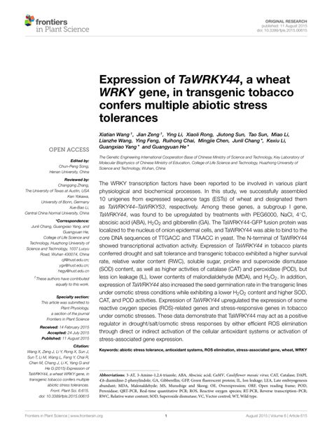 PDF Expression Of TaWRKY44 A Wheat WRKY Gene In Transgenic Tobacco