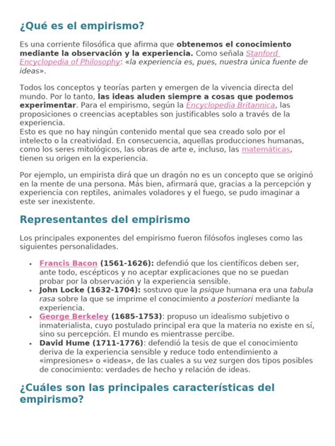 Qué Es El Empirismo Y Sus Características Pdf Empirismo Experiencia