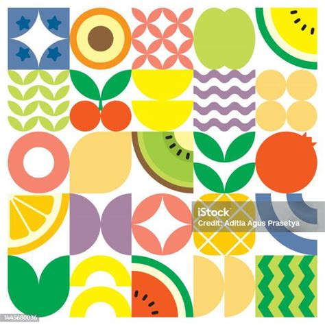 기하학적 여름 신선한 과일 컷 작품 포스터 화려한 간단한 모양 스칸디나비아 스타일의 플랫 추상 벡터 패턴 디자인 흰색 배경에 과일과 나뭇잎의 미니멀한 그림 0명에 대한 스톡