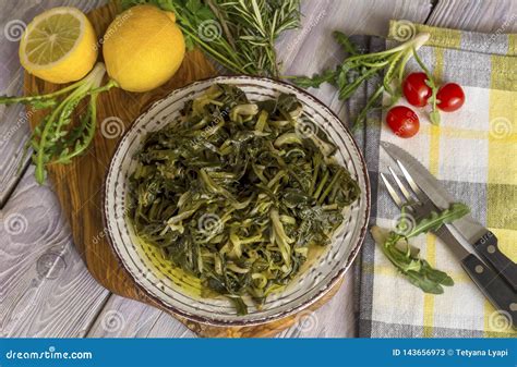 A Dish Of Rare Boiled Grass `stamnagathi`cichorium Spinosum Stock Image