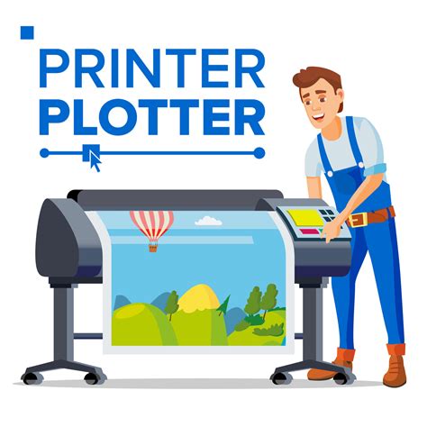 Worker With Plotter Vector Man Large Format Multifunction Printer